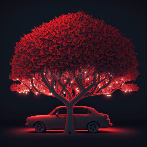 The Car Under the Tree is Illuminated by Red Lanterns on the Tree. AI ...