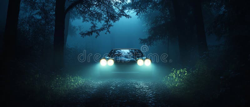 Car with Unique Headlights Illuminating a Dark Forest Stock ...