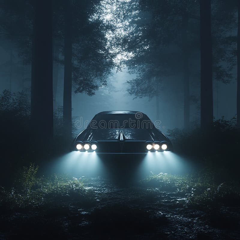 Car with Unique Headlights Illuminating a Dark Forest Stock ...