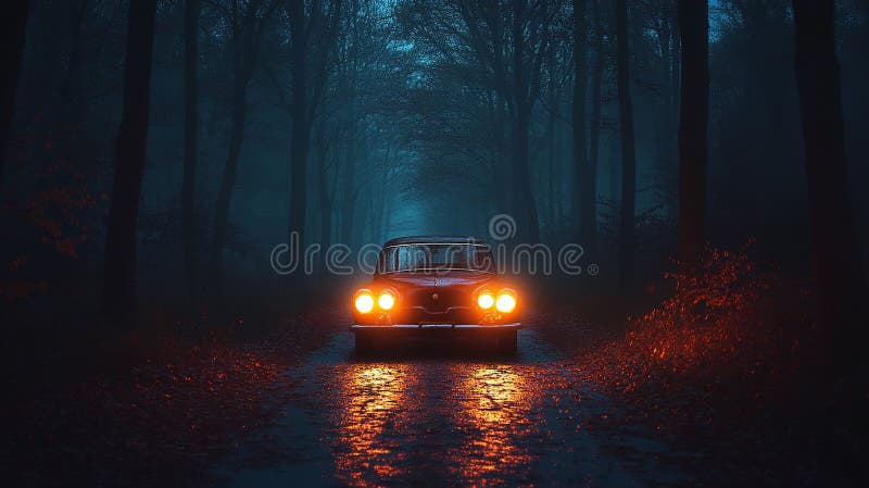 Car with Unique Headlights Illuminating a Dark Forest Stock ...