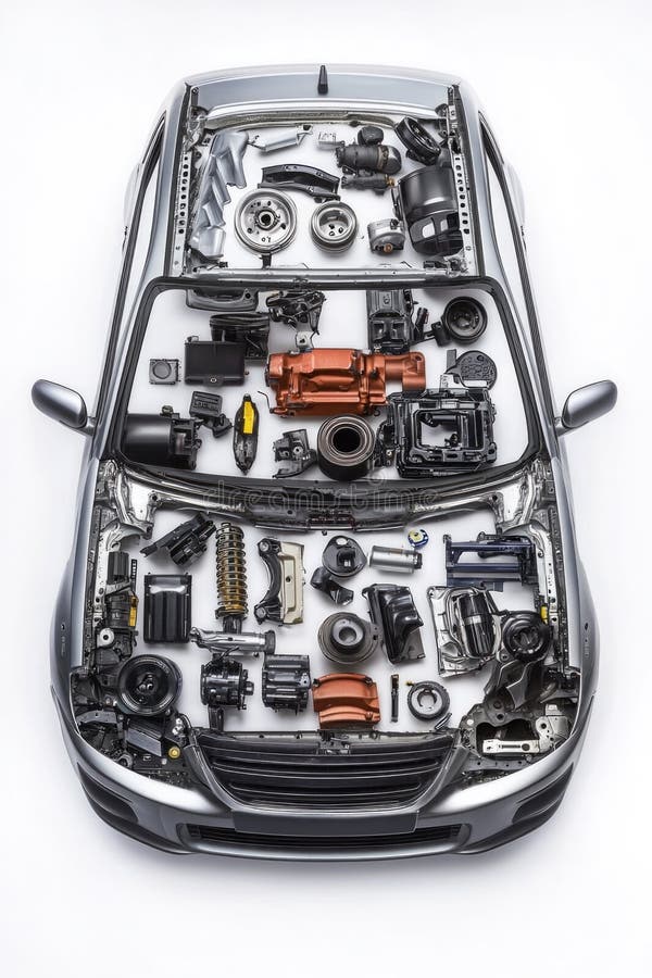 A Car with Various Mechanical Components Scattered Around, Suitable for ...