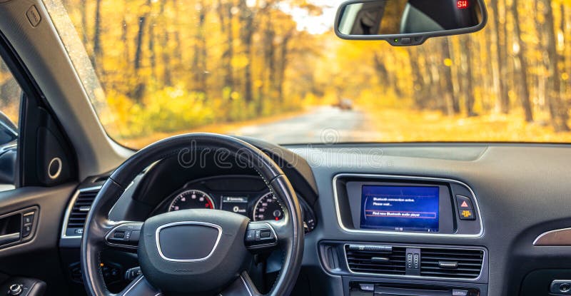 Car View from the Inside. Car Steering Wheel and Interior. Stock Image ...
