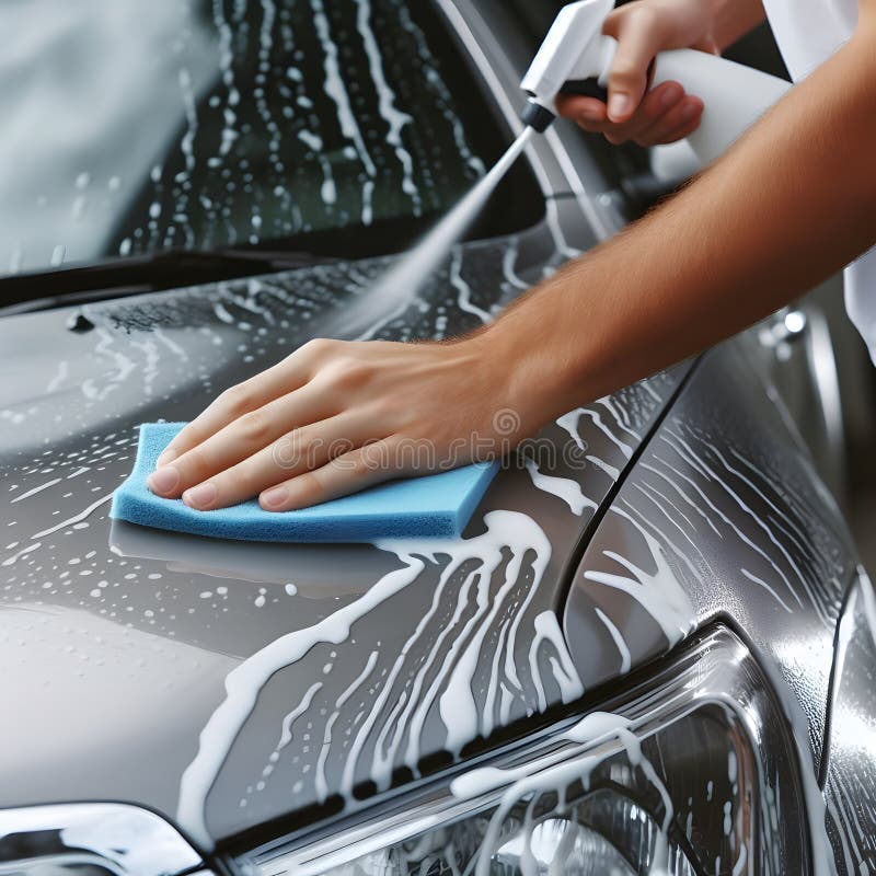 Car Wash. Close-up of a Male Worker Washing a Car Stock Illustration ...