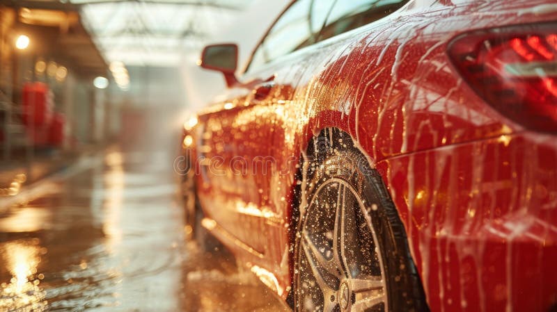 Car Wash Close-up with Red Car - Generative Ai Stock Illustration ...