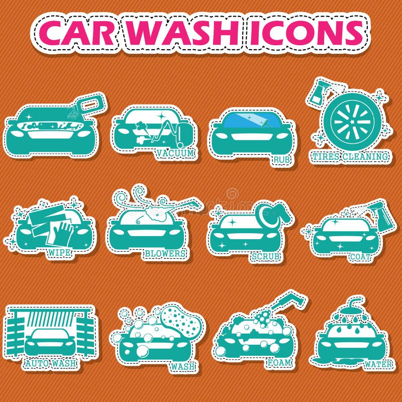 Car Wash Icons in Sticker Style Stock Vector - Illustration of motor ...