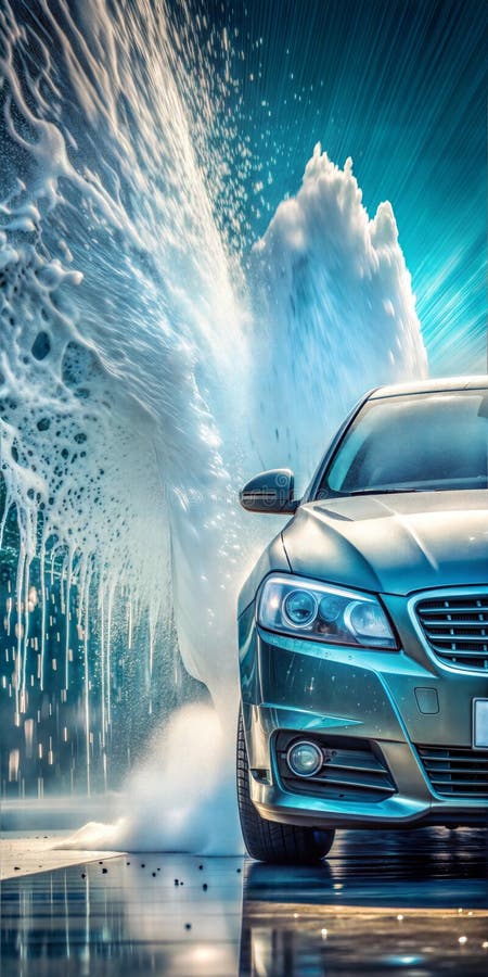 A Car in a Car Wash - Jets of Water and Soap Foam Stock Illustration ...