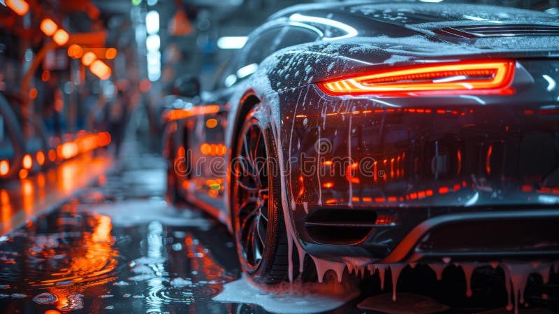 Car Wash with Red Neon Lights - Generative Ai Stock Illustration ...