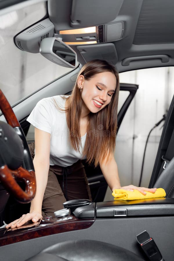 Car Wash Service, Girl Worker Cleaning Interior Modern Microfiber and ...