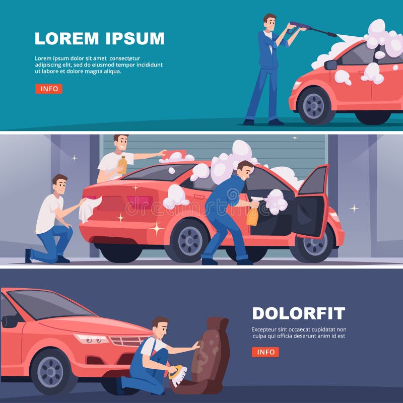 Car Wash Service. Workers in Uniform Washing Red Car Vector Horizontal ...