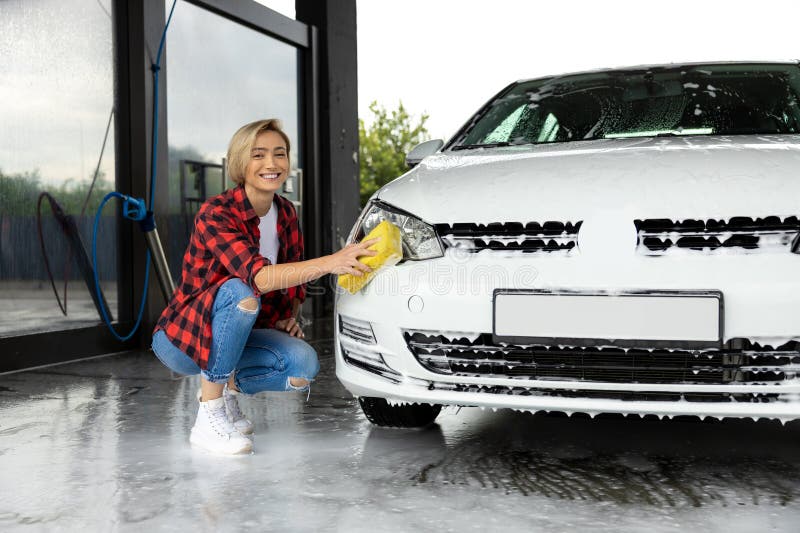 Car Wash Worker Cleaning the White Car Stock Photo - Image of auto ...