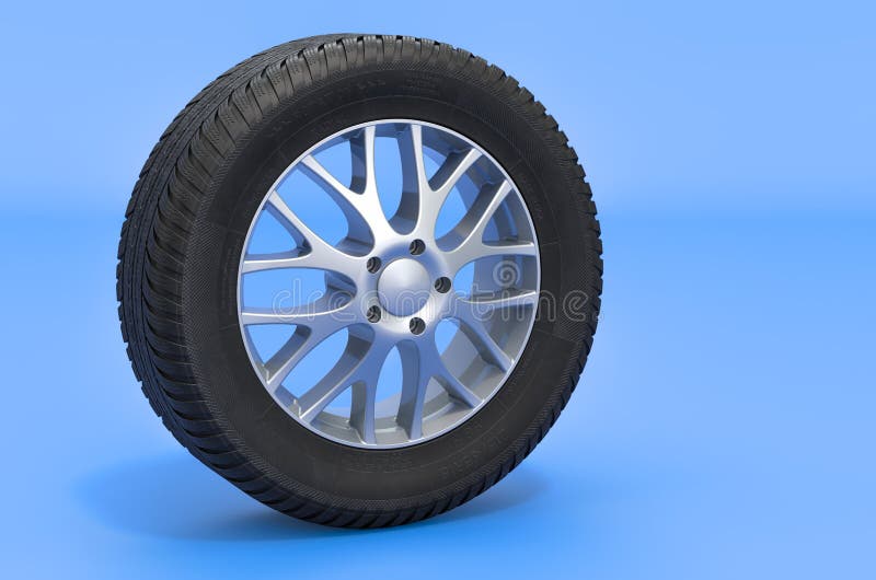 Car Wheel on Blue Backdrop, 3D Rendering Stock Illustration ...