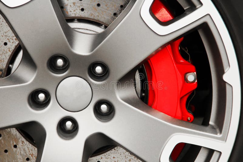 Car Wheel. Brake Discs. Red Car Caliper. Background Stock Image - Image ...