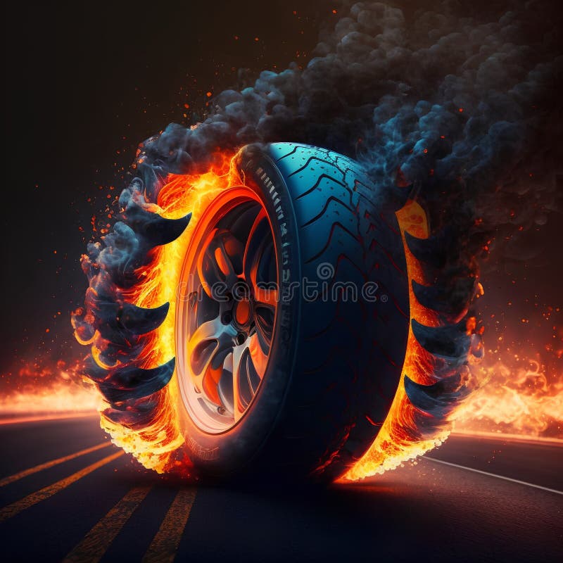 Car Wheel Burning in Fire on the Road. 3d Illustration Stock ...