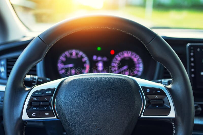 Car Wheel Dashboard Interior Front View of Luxury New Car Stock Photo ...