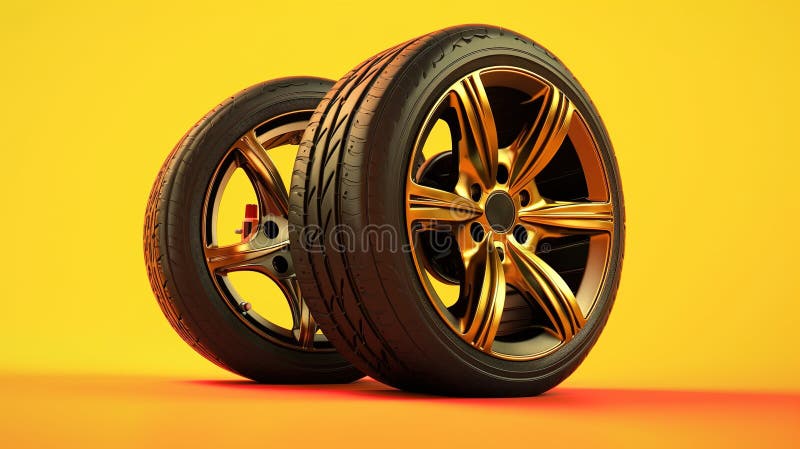 Car Wheel. Disk with Tyre and Brakes on Yellow Background. 3d Il Stock ...