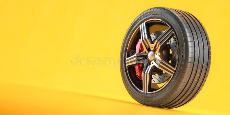 Car Wheel. Disk with Tyre and Brakes on Yellow Background Stock Photo ...