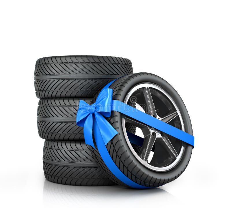 Car Wheel Enveloped in a Blue Ribbon and Bow Stock Illustration ...