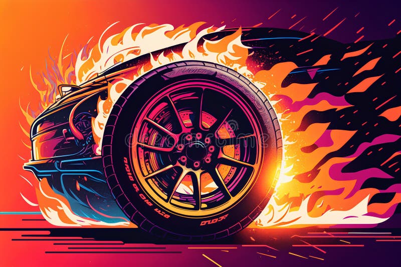 Car Wheel on Fire Background. Vector Illustration in Cartoon Comic ...
