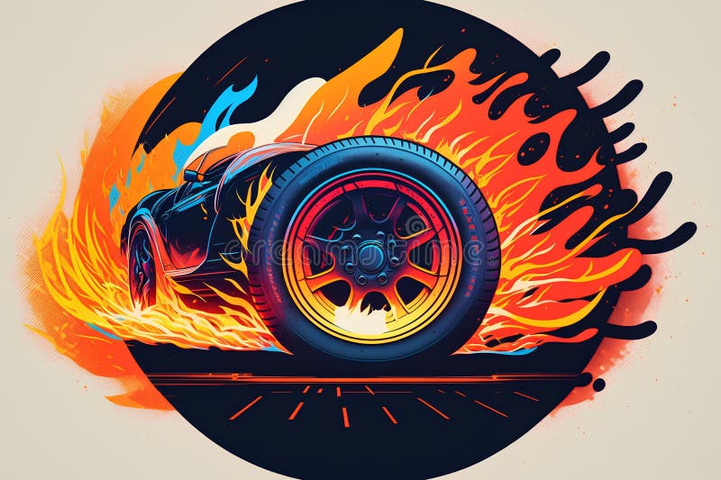 Car Wheel on Fire Flames Background. Vector Illustration in Cartoon ...