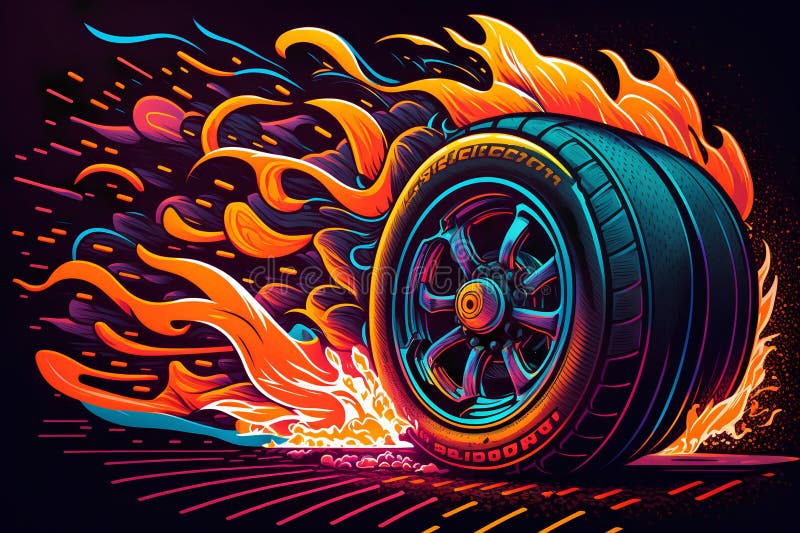 Car Wheel on Fire Flames Background. Vector Illustration in Cartoon ...