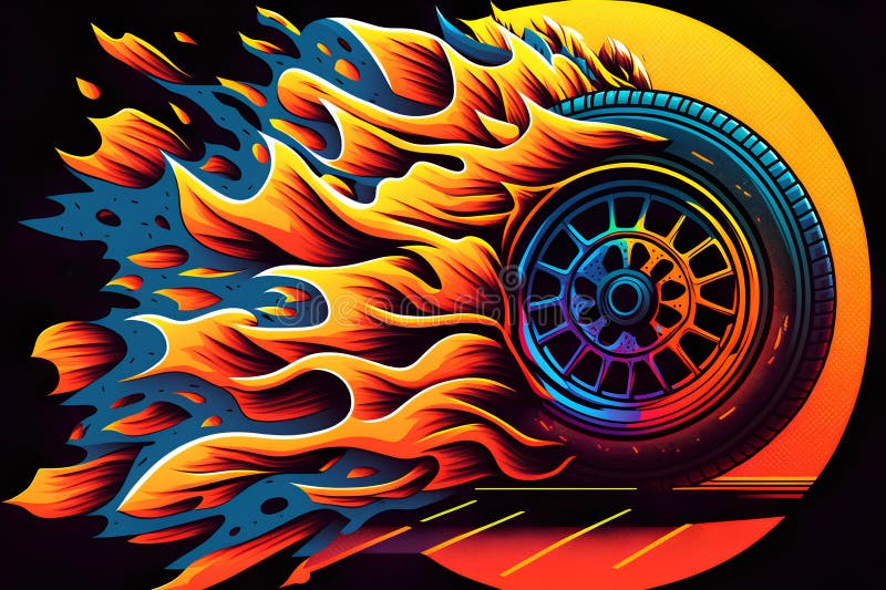 Car Wheel in Fire Flames on a Black Background. Vector Illustration ...