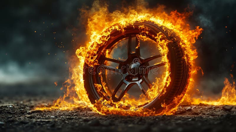 A Car Wheel on Fire on the Ground Stock Image - Image of engulfed ...