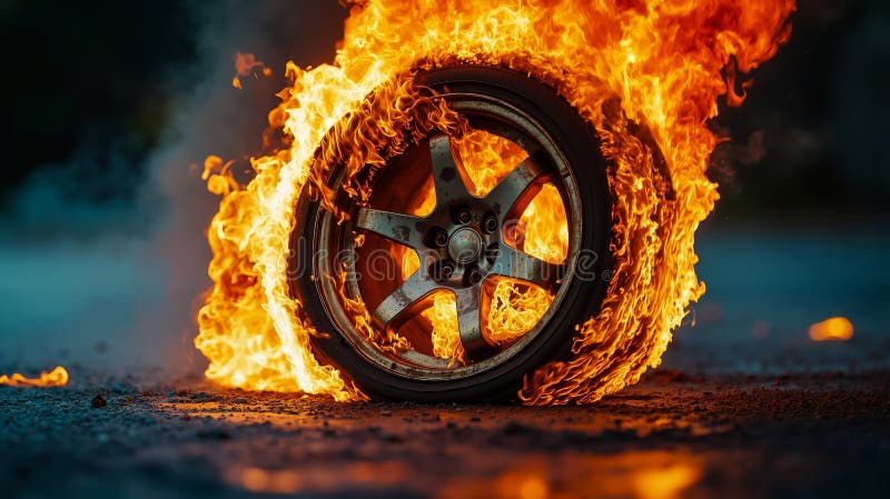 A Car Wheel on Fire on the Side of the Road Stock Image - Image of ...