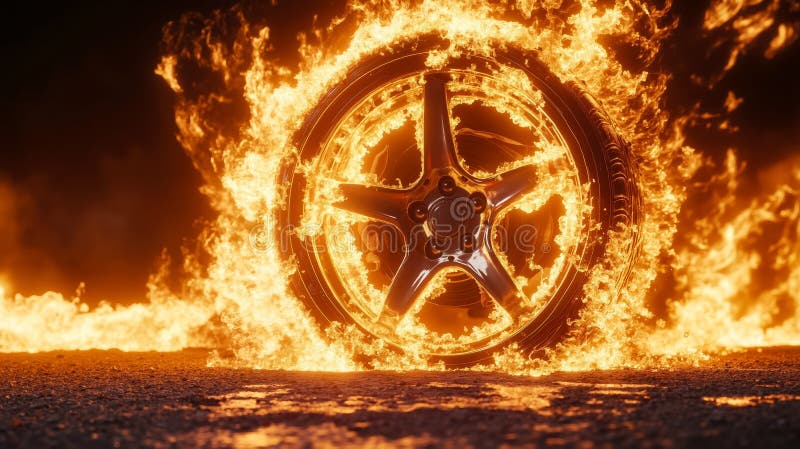 A Car Wheel on Fire on the Side of the Road Stock Illustration ...