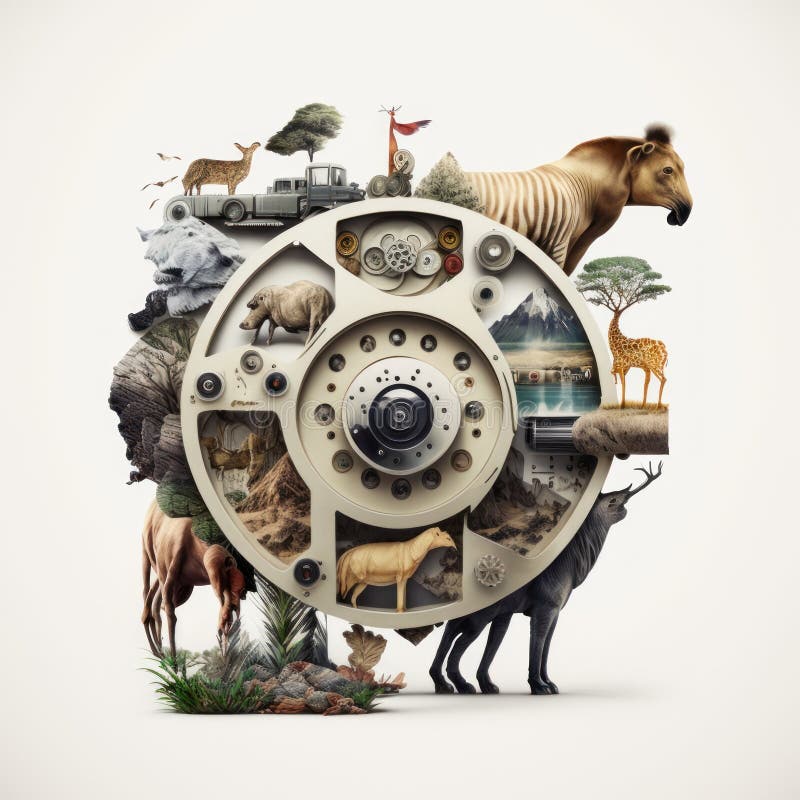 Car Wheel Made of Wood and Animals on White Background Stock ...