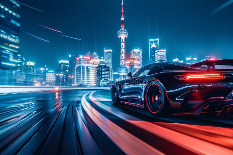 Car Wheel in Motion Against City Night Skyline with Light Trails for ...