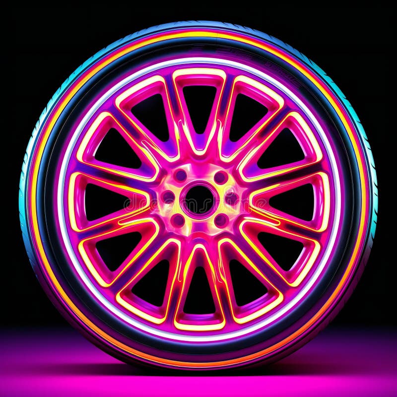 Car Wheel with Neon Light on Black Background Stock Illustration ...