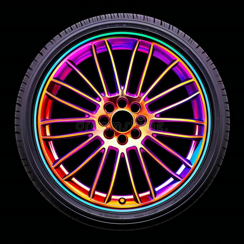 Car Wheel in Neon Light Isolated on Black Background Stock Illustration ...