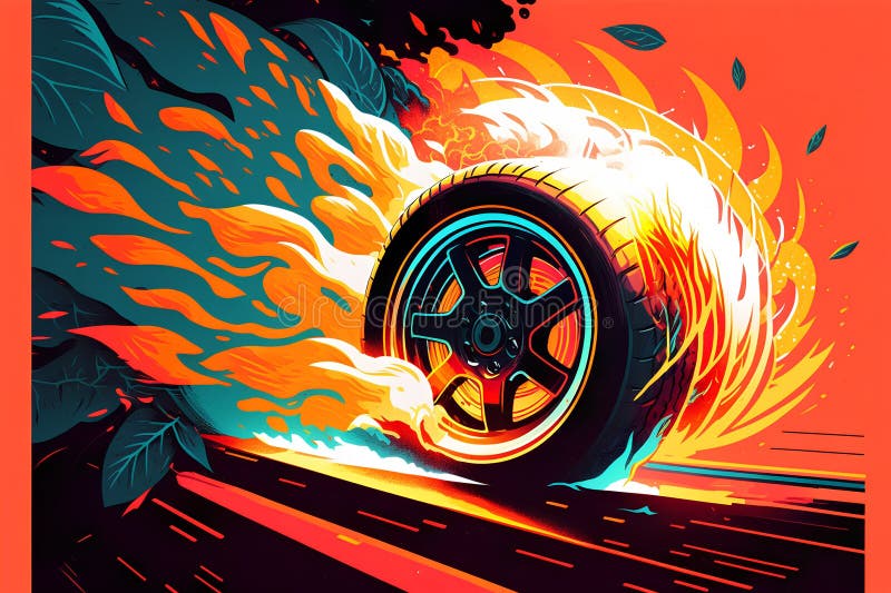 Car Wheel on a Road with Fire and Flames, Vector Illustration. Stock ...