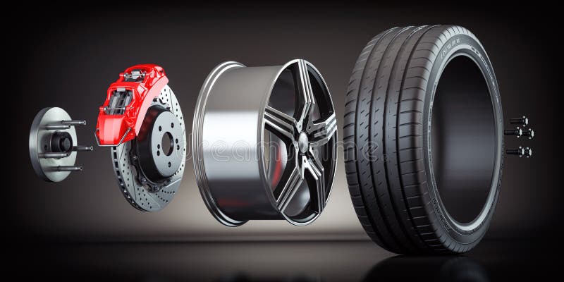 Car Wheel Structure. Tyre, Rim, Disk Brakes with Caliper Stock ...