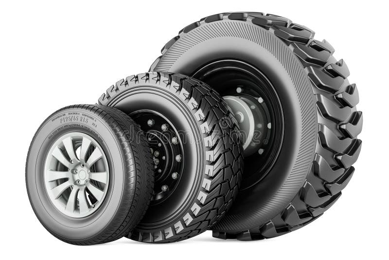 Car Wheel, Trucks Wheels. Auto Wheels of Various Sizes, 3D Rendering ...