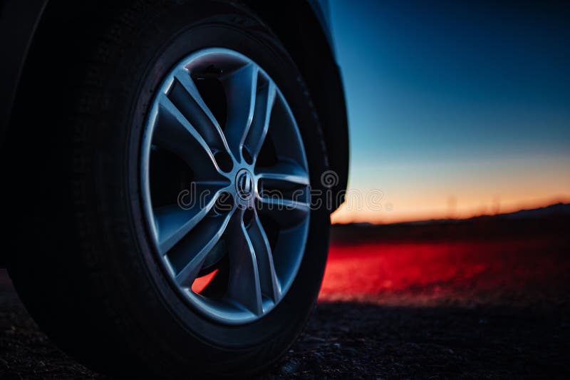 Car Wheel at Twilight Close-up View Stock Photo - Image of outdoors ...