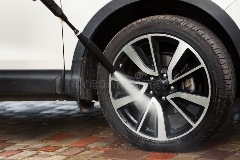 Car Wheel Washing with High Pressure Washer Stock Photo - Image of ...