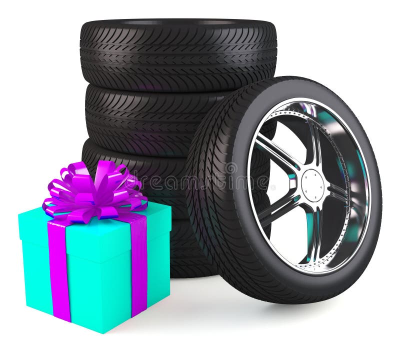 Car Wheels with Big Gift Box Stock Illustration - Illustration of ...