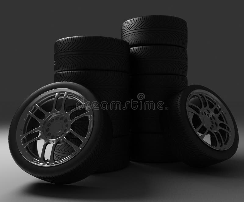 Car Wheels. 3D Render Illustration on Black Background. Stock ...