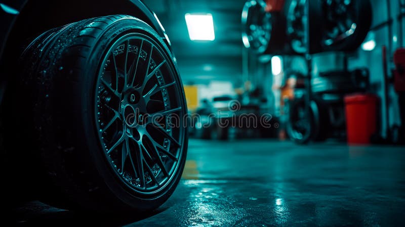 Car Wheels in a Garage, Captured from Different Angles Stock ...