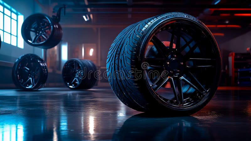 Car Wheels in a Garage, Captured from Different Angles Stock ...