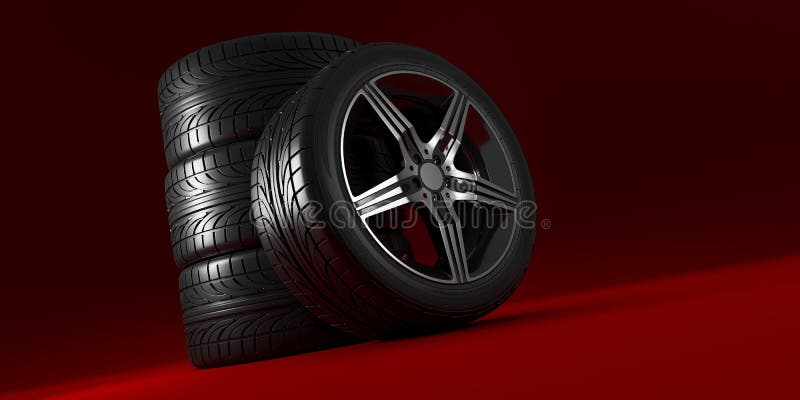 Car Wheels Set on Red Background. Poster Design. Stack. 3d Illustration ...