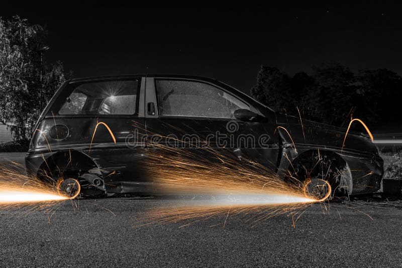 Car wheels with sparks stock photo. Image of sparks, grind - 93295722