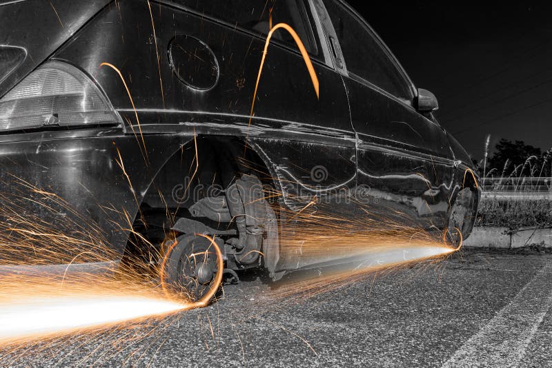 Car wheels with sparks stock photo. Image of industry - 93295800