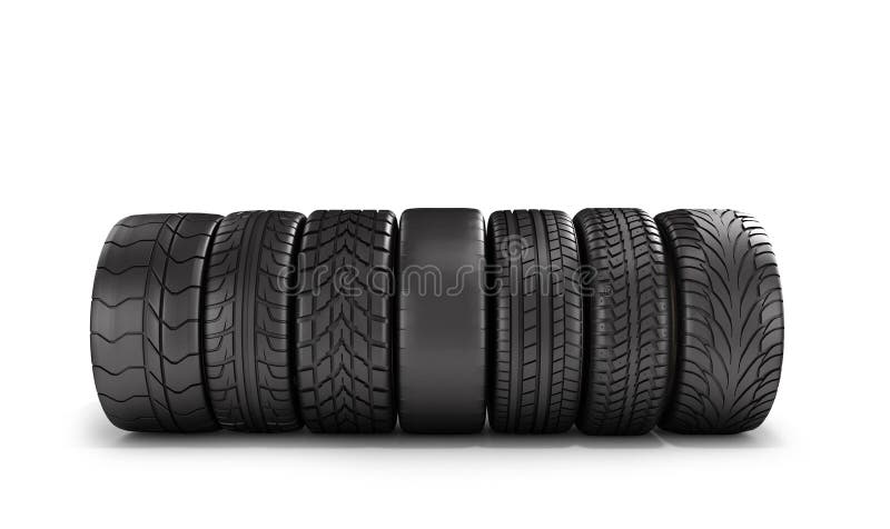 Car Wheels Stand in a Row Isolated on White 3d Illustration Stock ...