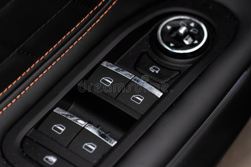Window Control Buttons in Modern Luxury Sport Car. Car Leather Interior ...