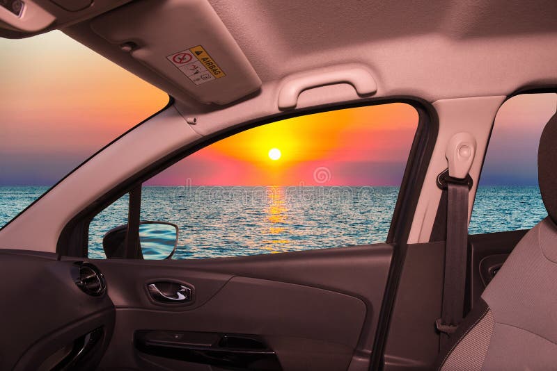 Car Window View of Scenic Sunset on the Mediterranean Sea Stock Image ...