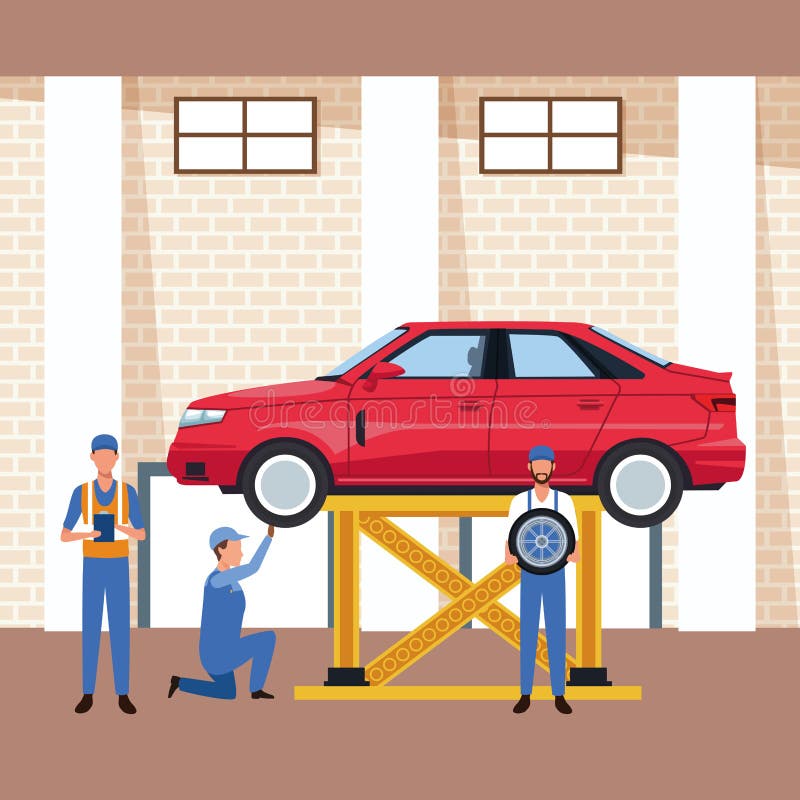 Car Workshop Scenery with Lifted Car and Mechanics Working on Stock ...