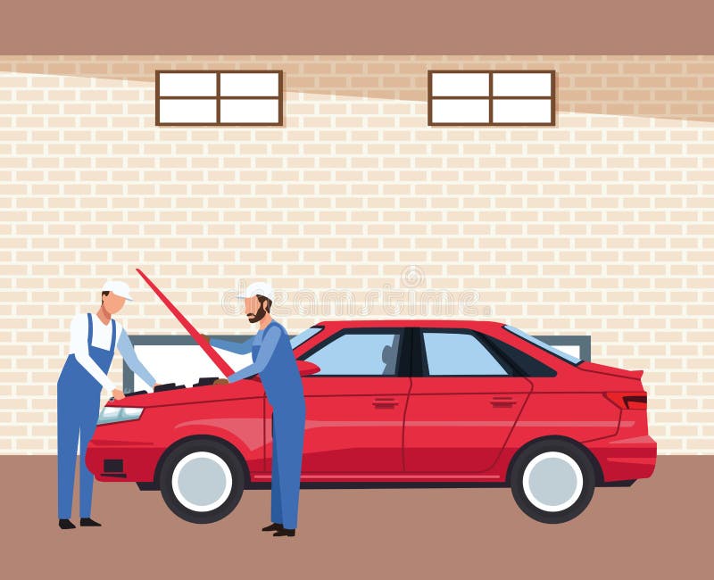 Car Workshop Scenery with Mechanics Fixing a Red Car Stock Vector ...