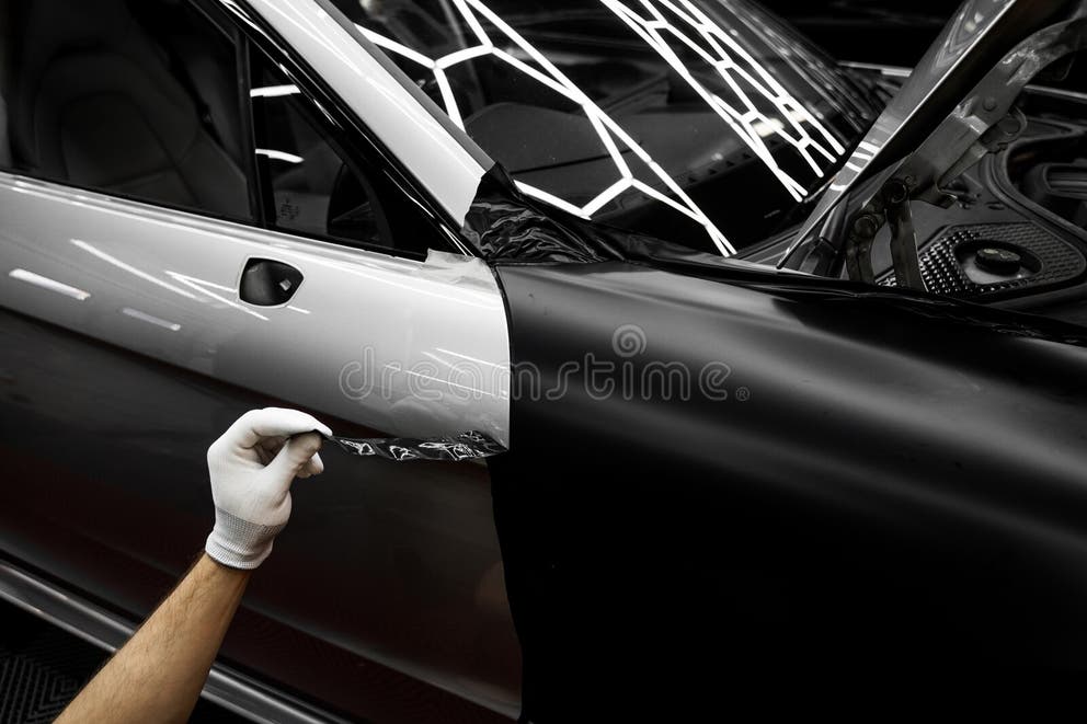 Car Wrap Application Changes Vehicle Appearance. Full Panel Car Vinyl Wrapping Stock Image ...